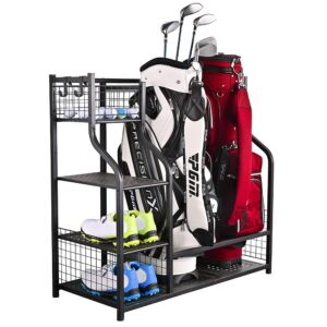 snail golf bag garage storage organizer extra large size golf bag rack stand holder fits 2 golf bags and other golfing equipment accessories, metal black golf club storage for garage shed and basement