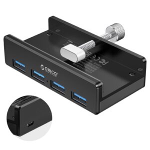 orico usb 3.0 clamp hub, aluminum 4-port usb hub 3.0 with extra power supply port and 4.92 ft usb data cable, desktop powered usb hub for imac/laptop/pc (black)