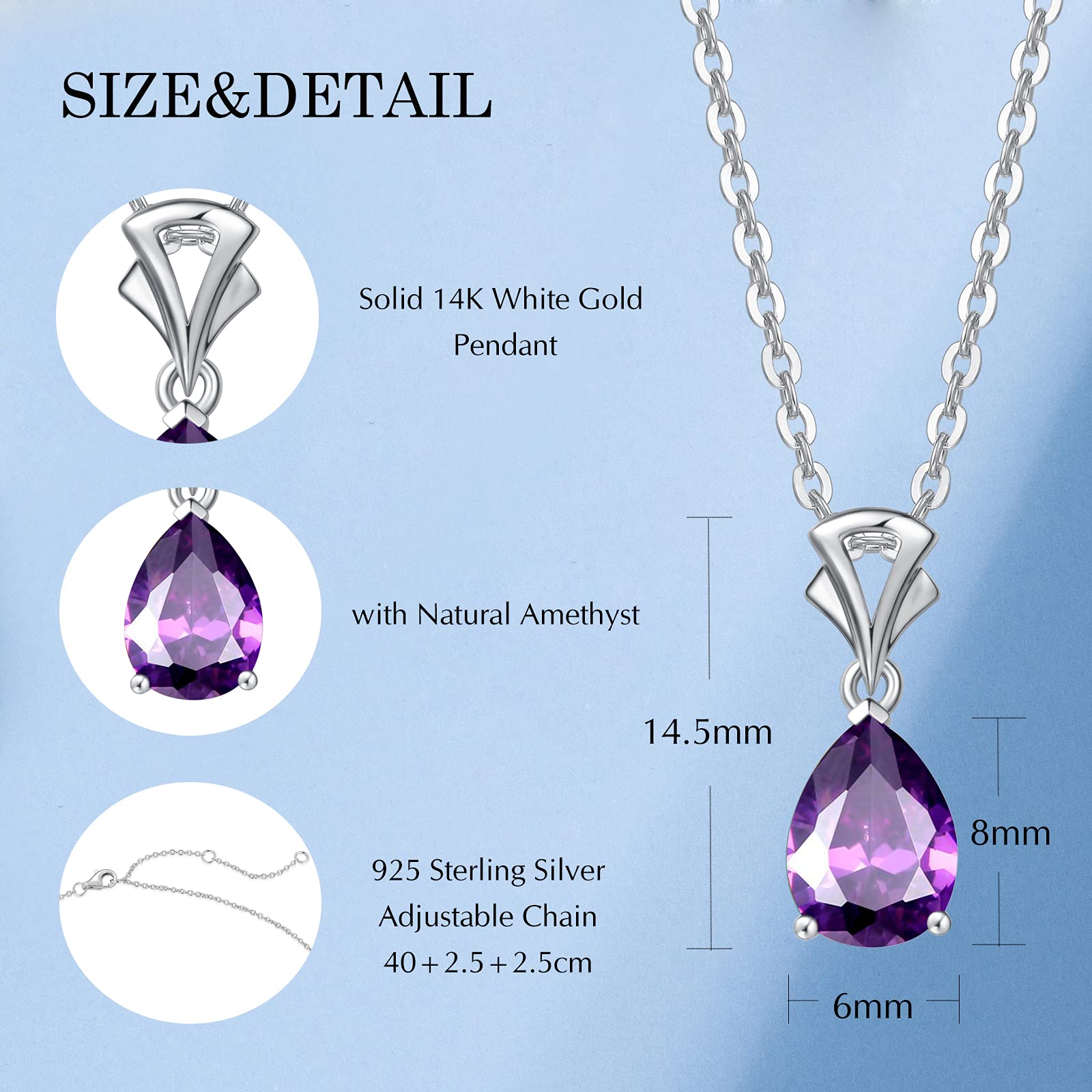 FANCIME Natural Amethyst Necklace 14K Solid White Gold Teardrop Pendant February Birthstone Jewelry Gifts for Mom Women