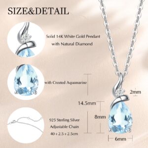 FANCIME Aquamarine Necklace March Birthstone Jewelry 14K Solid White Gold Pear Shaped Teardrop Pendant Gifts for Mom Women