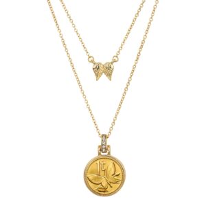 coin necklace angel wings double cable chain– genuine butterfly one toea | goldtone 18” and 16” chain lobster claw clasp | certificate of authenticity