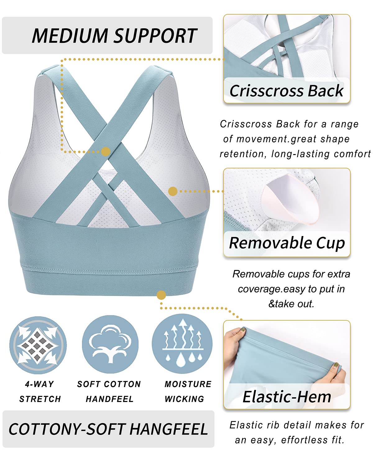 RUNNING GIRL Sports Bra for Women, Criss-Cross Back Padded Strappy Sports Bras Medium Support Yoga Bra with Removable Cups (WX2353D-Opal green, XL)