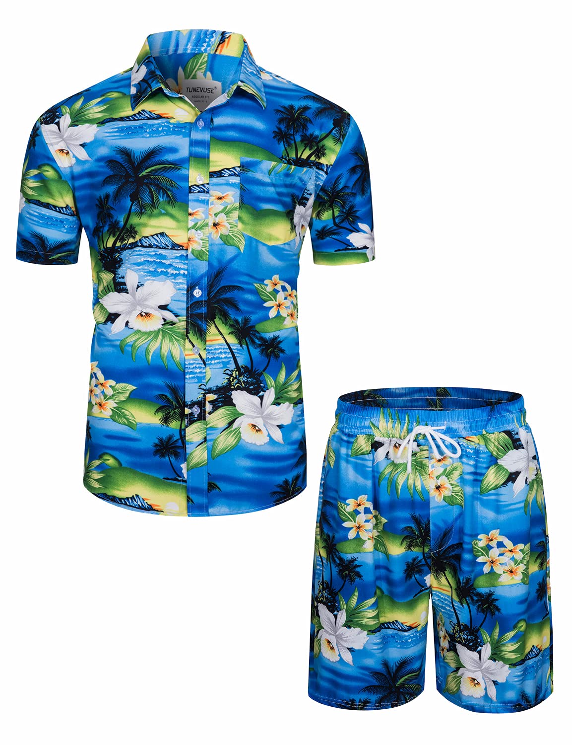 TUNEVUSE Men Hawaiian Shirt and Short Set 2 Picece Beach Outfit Summer Tropical Floral Print Matching Luau Short Suits Flower Print Light Blue XX-Large