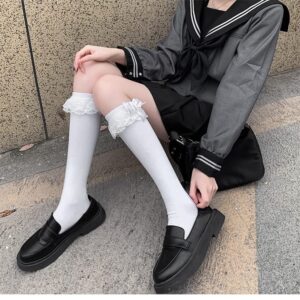 CAT KO Women Soft Knee High Socks Lovely & Cute Solid color Lace Ruffle Girls socks for Lolita ONLY TRUE SOLD (WHITE)