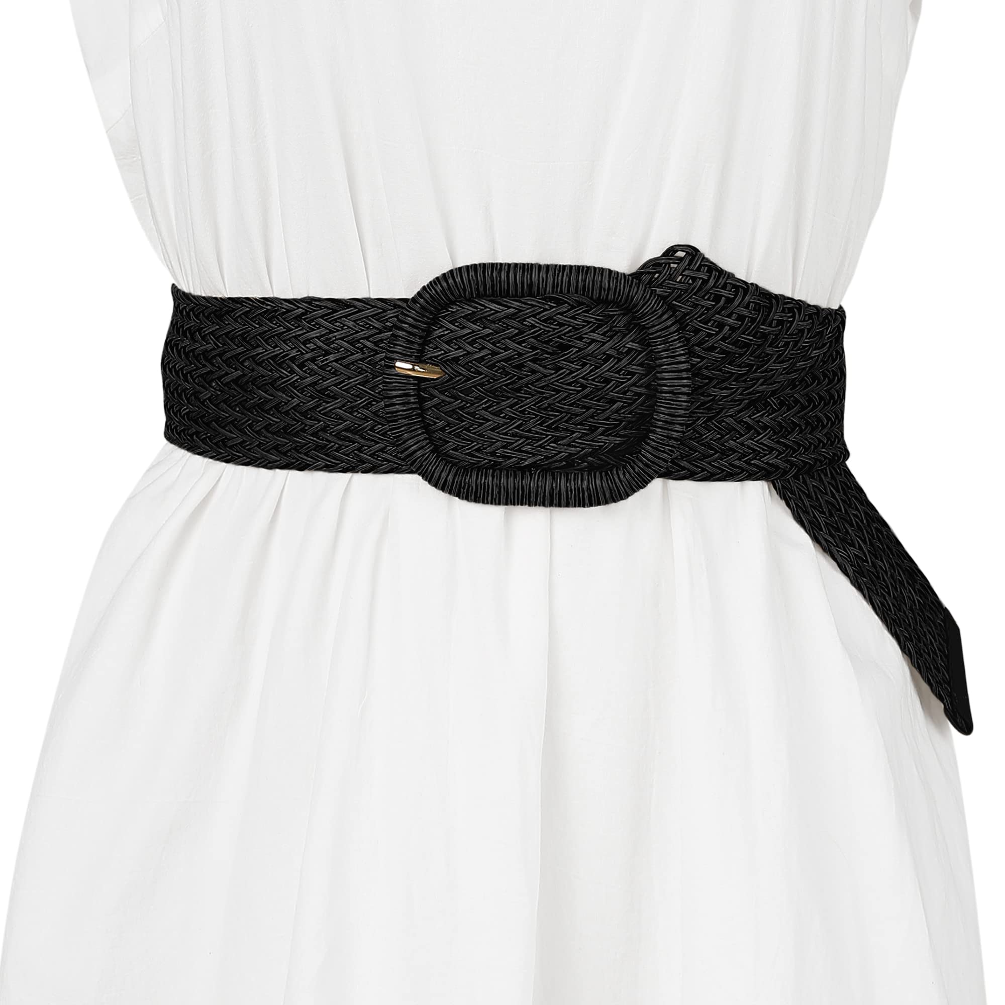 Allegra K Women Wide Waist Belts Braided Woven Belts for Dress Chunky Buckle 58-84cm/22.83-33.07" Black