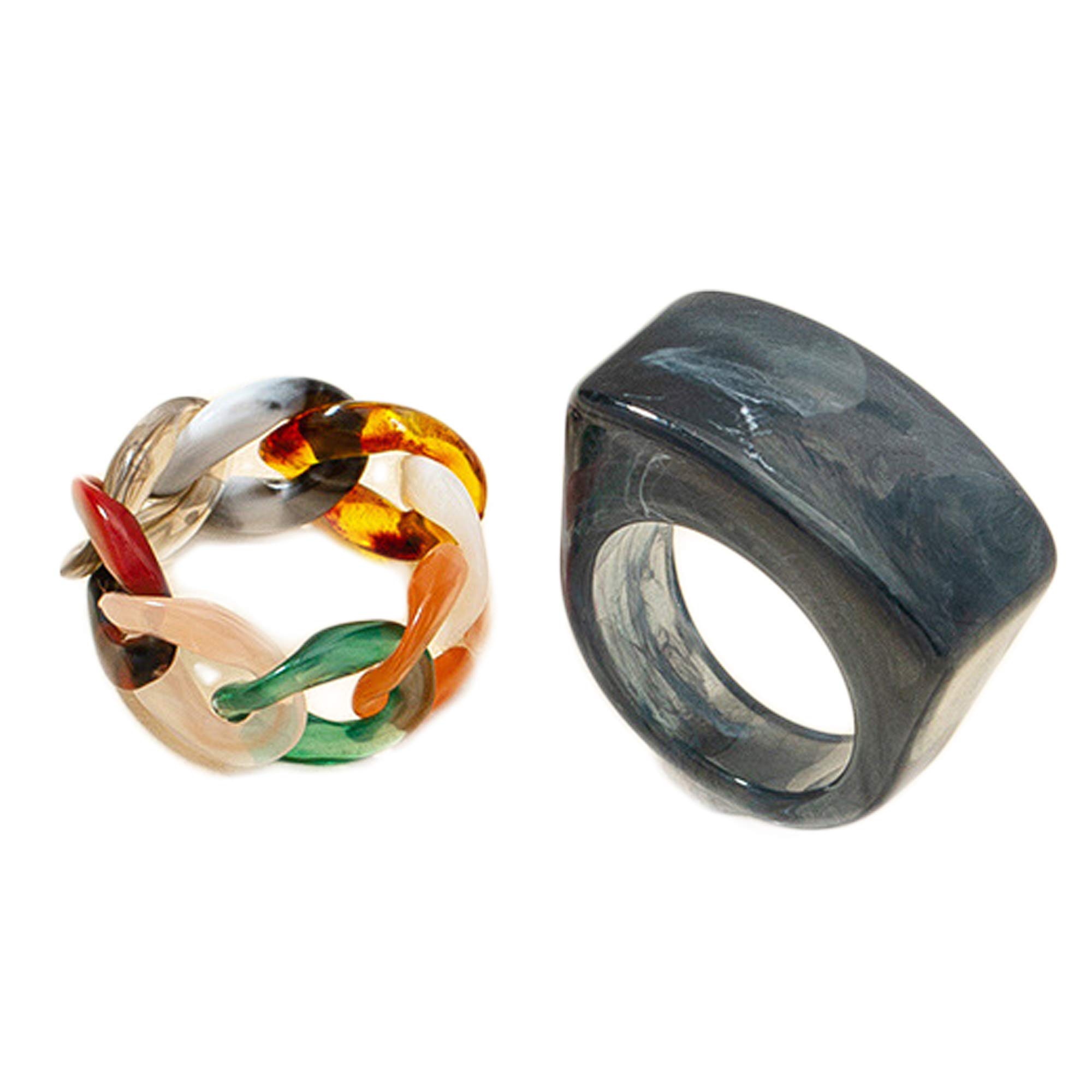 2/3Pcs Retro Thick Resin Transparent Acrylic Chunky Wide Face Unique Square Dome Knuckle Ring Colorful Chain Stackable Statement Finger Band Ring for Women Jewelry Festival Gifts-B black