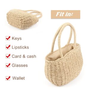 Gets Straw Bags for Women Hand-woven Small Hobo Bag Round Handle Ring Tote (Beige)