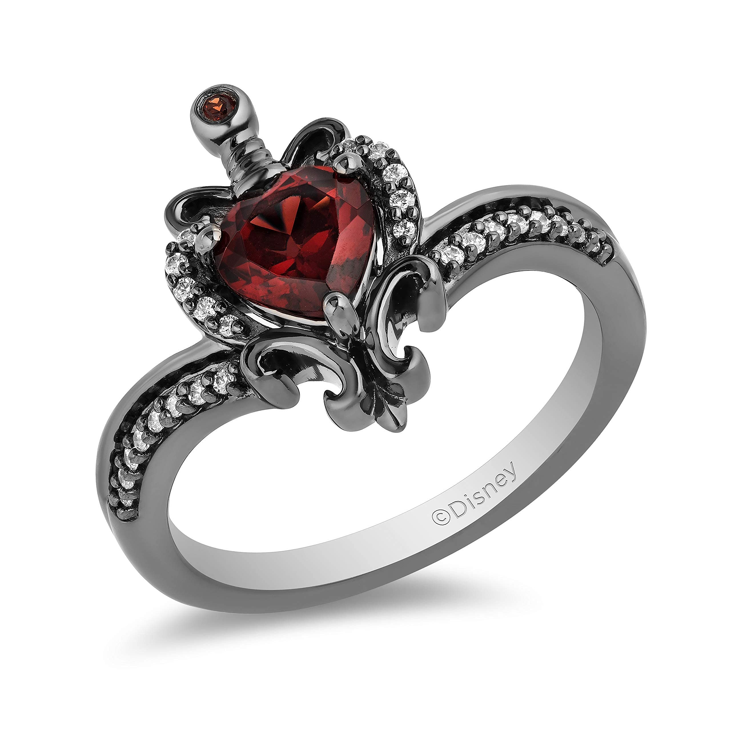 Jewelili Enchanted Disney Fine Jewelry Black Rhodium over Sterling Silver with 1/10 Cttw Diamonds and Red Garnet Evil Queen Dagger Ring, Size 9