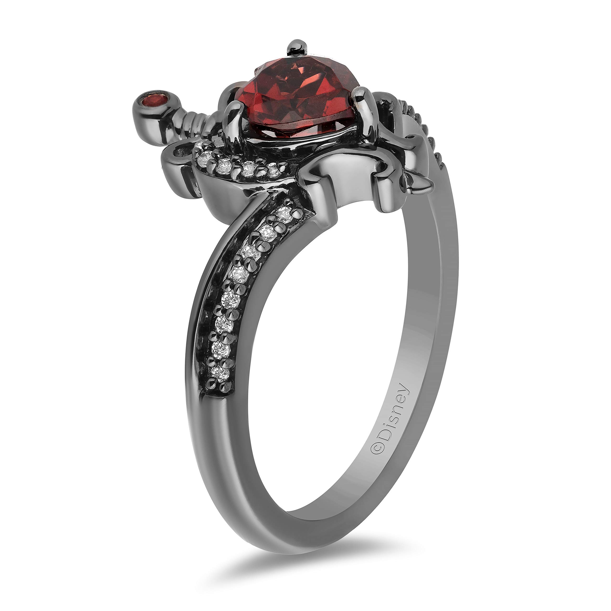 Jewelili Enchanted Disney Fine Jewelry Black Rhodium over Sterling Silver with 1/10 Cttw Diamonds and Red Garnet Evil Queen Dagger Ring, Size 9