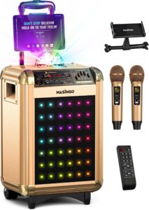 masingo karaoke machine for adults and kids with 2 bluetooth wireless microphones. portable singing pa speaker system with disco ball party lights, lyrics display tablet holder & tv cable. soprano x1