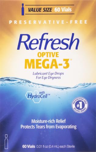 Refresh Optive MEGA-3 Lubricant Eye Drops Preservative-Free Artificial Tears, 0.01 fl oz (0.4 mL), 60 Single-Use Containers