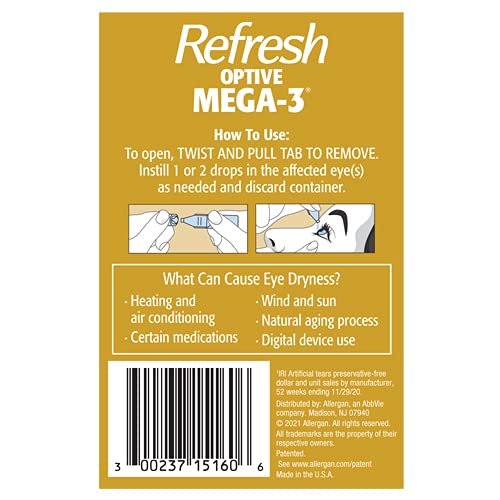 Refresh Optive MEGA-3 Lubricant Eye Drops Preservative-Free Artificial Tears, 0.01 fl oz (0.4 mL), 60 Single-Use Containers