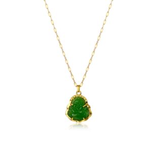 colorful bling 18k gold plated laughing buddha pendant necklace green jade cubic zirconia gemstone lucky amulet jewelry for women men-green 2