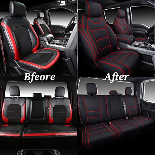 Coverado Car Seat Cover Full Set with Waterproof Neoprene, Front and Back Car Seat Protector for Trucks, Custom Fit for 2015-2023 Ford F150 Crew Cab and 2017-2023 F250 F350 F450(Red and Black)