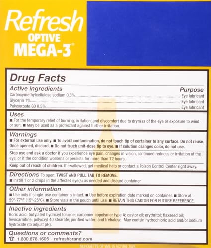 Refresh Optive MEGA-3 Lubricant Eye Drops Preservative-Free Artificial Tears, 0.01 fl oz (0.4 mL), 60 Single-Use Containers