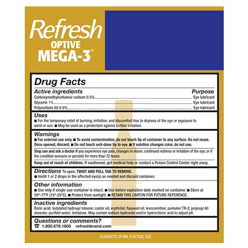 Refresh Optive MEGA-3 Lubricant Eye Drops Preservative-Free Artificial Tears, 0.01 fl oz (0.4 mL), 60 Single-Use Containers