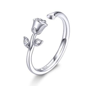 bisaer 925 sterling silver rose flower ring for women adjustable stacking wedding engagement rings