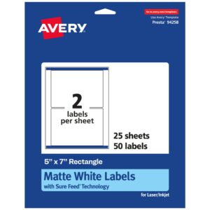 avery matte white rectangle labels with sure feed, 5" x 7", 50 matte white printable labels