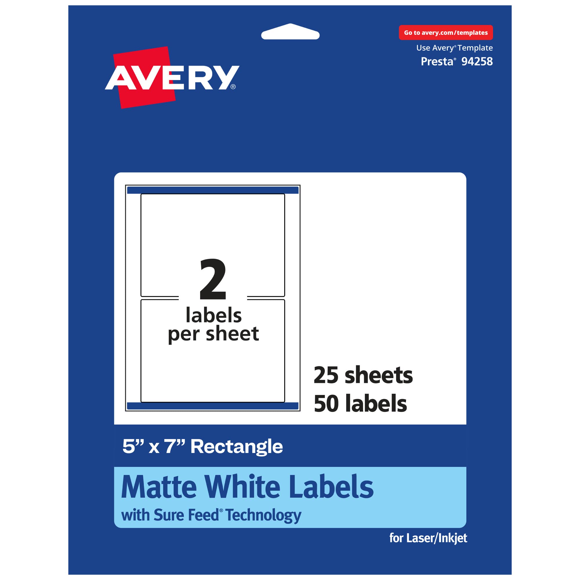 Avery Matte White Rectangle Labels with Sure Feed, 5" x 7", 50 Matte White Printable Labels