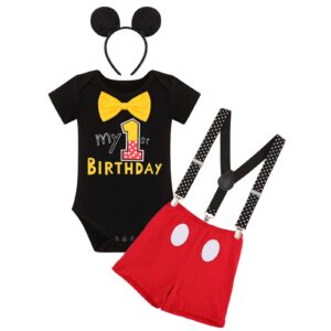 mouse first birthday cake smash photo props outfit for baby boys romper suspenders shorts bloomers headband halloween mouse themed party supplies gentleman suits black - 1st birthday 12-18 months