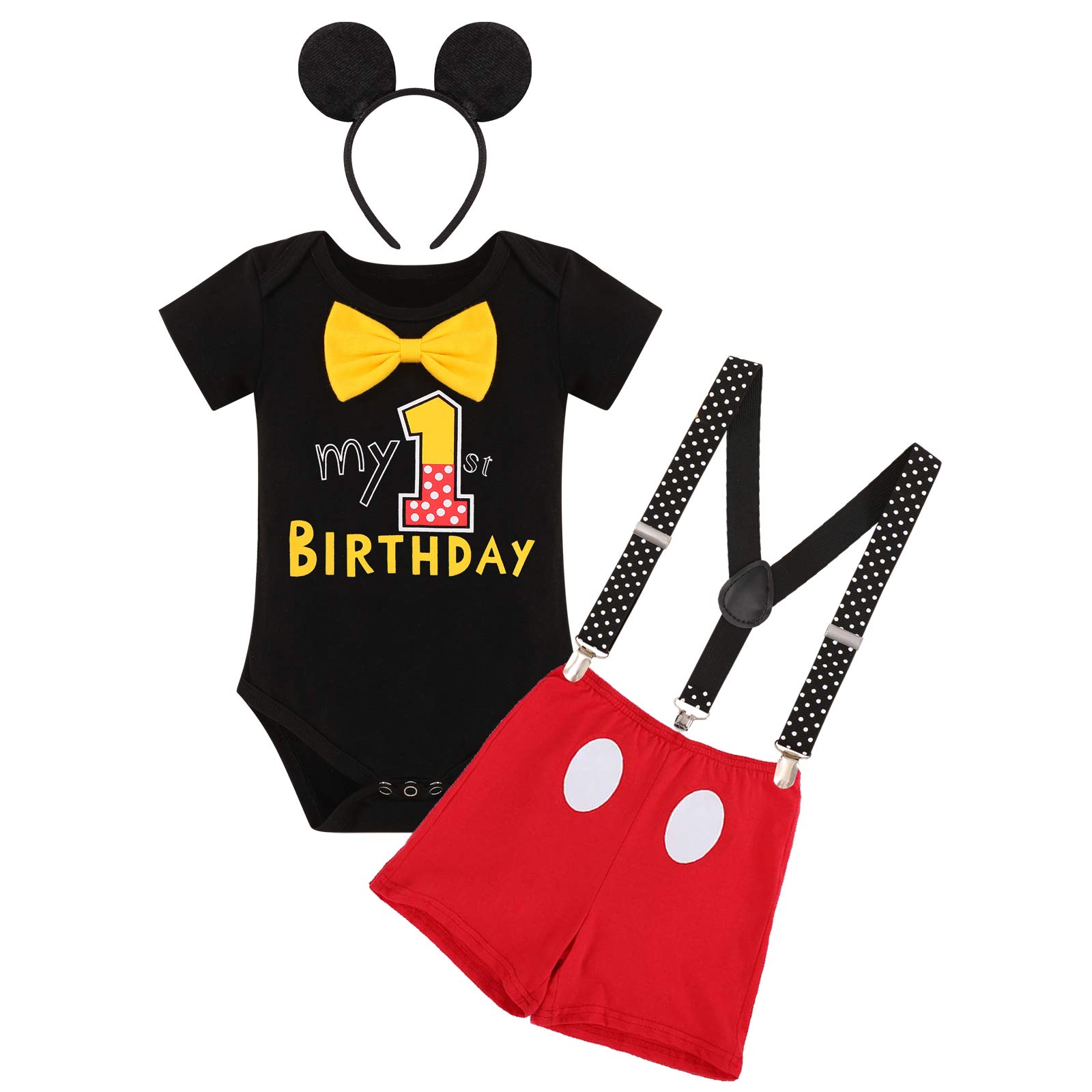 Mouse First Birthday Cake Smash Photo Props Outfit for Baby Boys Romper Suspenders Shorts Bloomers Headband Halloween Mouse Themed Party Supplies Gentleman Suits Black - 1st Birthday 12-18 Months