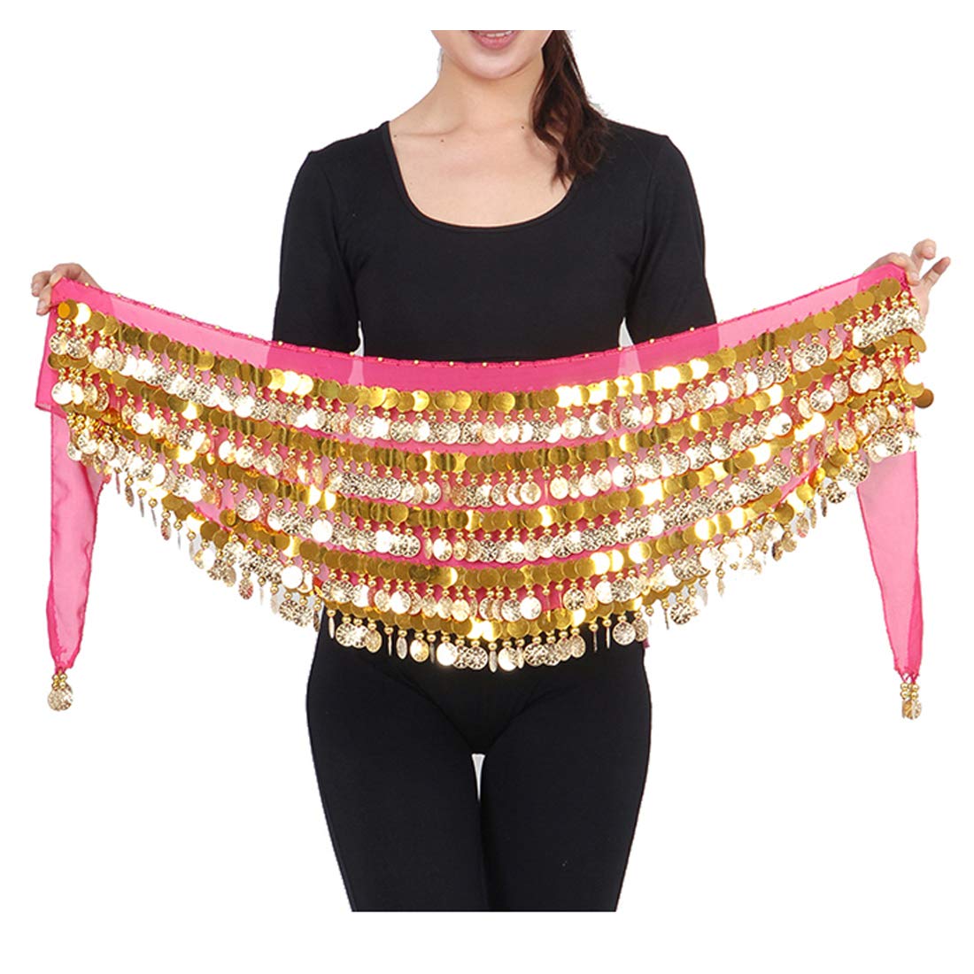 Wuchieal Belly Dance Hip Scarf Chiffon Belly Dance Scarf Wrap Belt Tribal Sash Skirt with Gold Coins