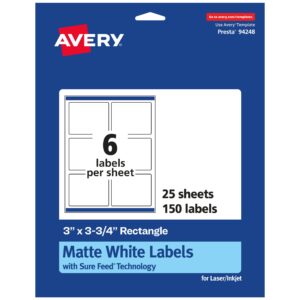 avery matte white rectangle labels with sure feed, 3" x 3.75", 150 matte white printable labels