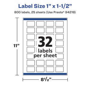 Avery Matte White Rectangle Labels with Sure Feed, 1" x 1.5", 800 Matte White Printable Labels