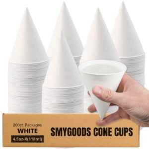 smygoods disposable white paper cone cups (pack of 200-4.5 oz) eco-friendly, leak-proof, ideal for events, water coolers, quick hydration & efficient cleanup