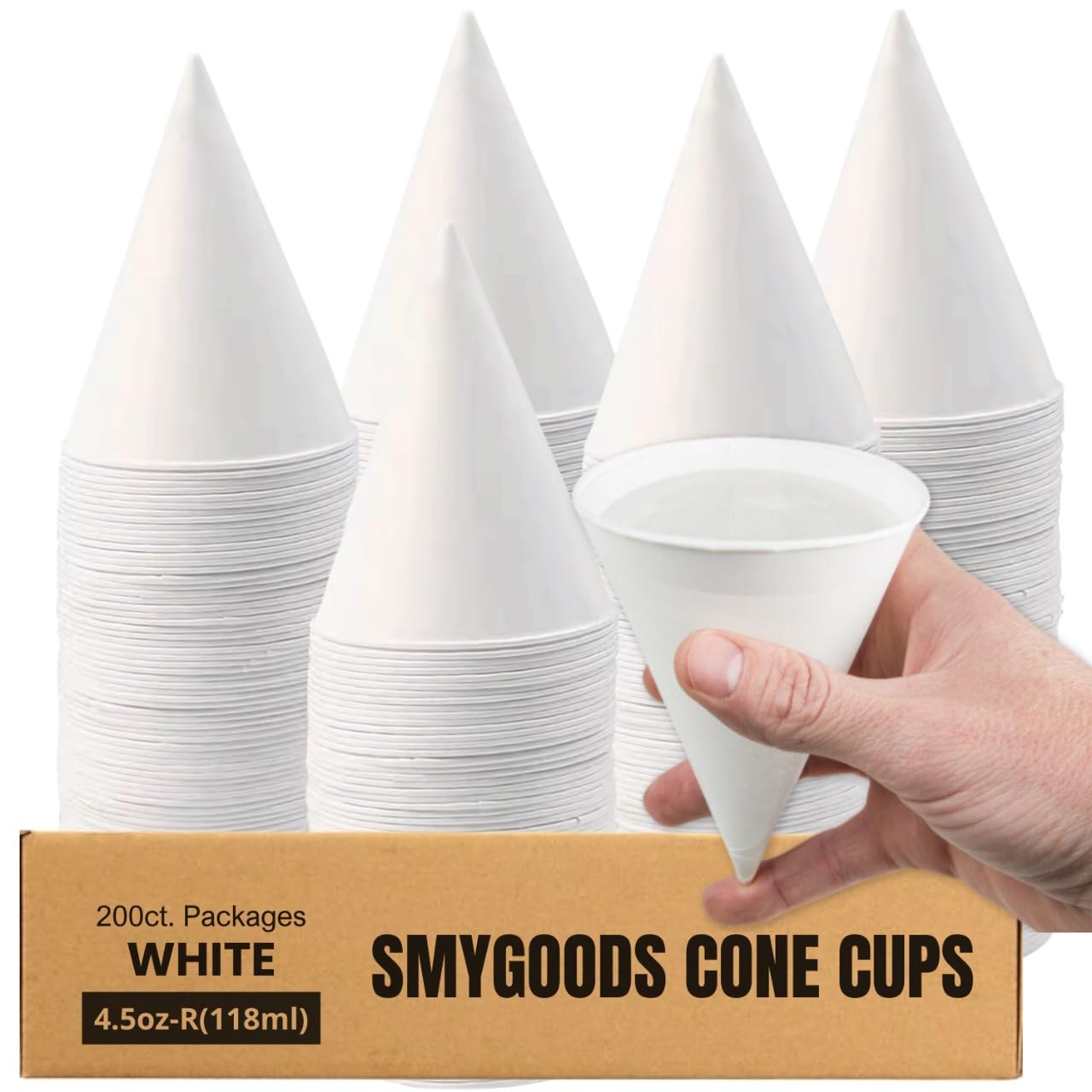 Smygoods Disposable White Paper Cone Cups (Pack of 200-4.5 oz) Eco-Friendly, Leak-Proof, Ideal for Events, Water Coolers, Quick Hydration & Efficient Cleanup