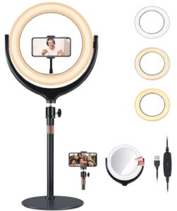 auckoue 12'' ring light with stand & phone holder, dimmable selfie ring light with mirror, desktop led ring light for laptop computer video conference, live streaming, youtube, vlogging, makeup