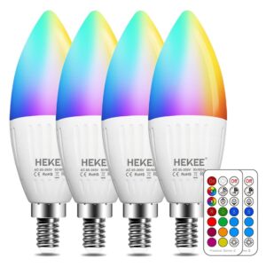 hekee e12 led candelabra light bulbs, color changing candle, b11 40w incandescent equivalent, 450 lumen, rgb + 2700k warm white, 5watt, 12 colors, 2 modes, timer, remote control(4 pack)