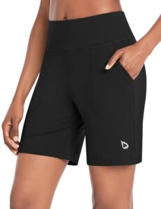 baleaf women's 7" athletic long shorts high waisted running bermuda shorts with pockets black x-large