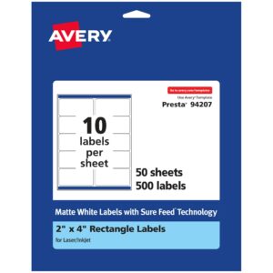 avery matte white rectangle labels with sure feed, 2" x 4", 500 matte white printable labels