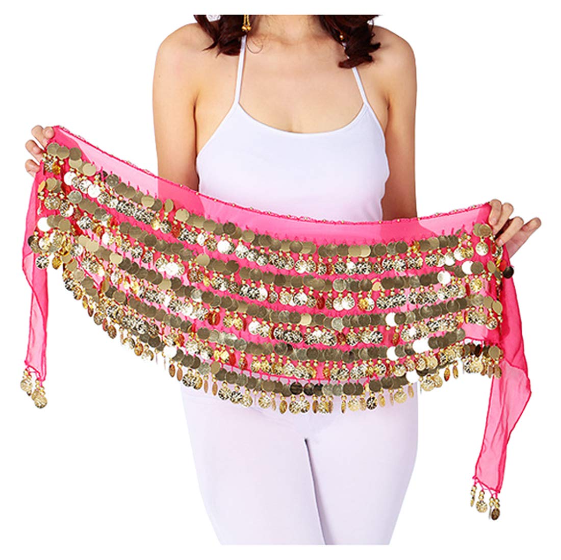 Wuchieal Belly Dance Hip Scarf Chiffon Belly Dance Scarf Wrap Belt Tribal Sash Skirt with Gold Coins