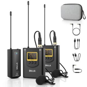 balila wireless lavalier microphone system uhf dual lavalier mic lapel microphone for iphone/android, dslr camera microphone real-time audio monitor recording vlog (2t1r)