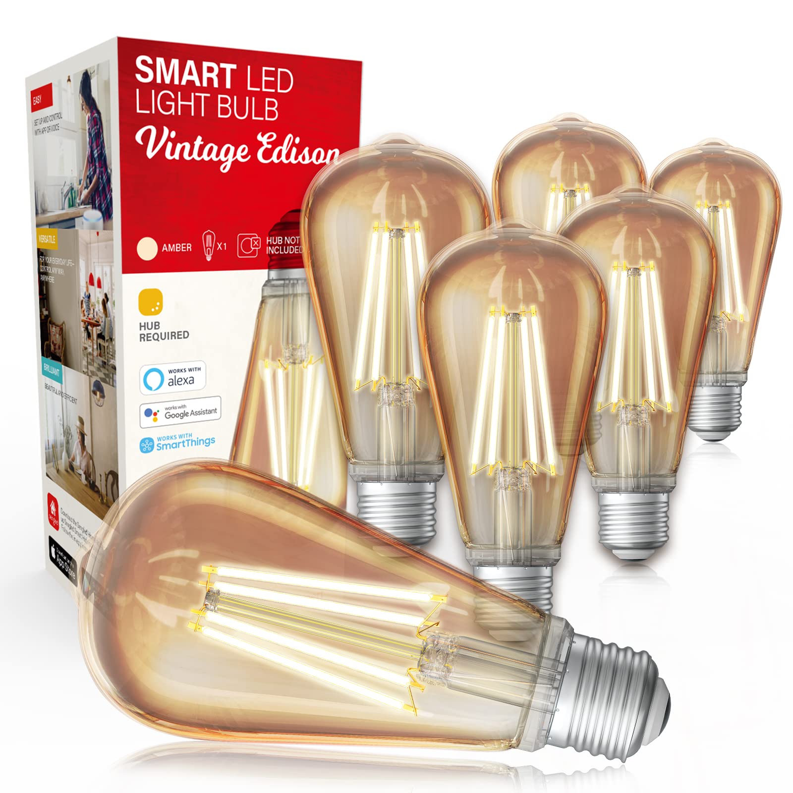 Sengled Zigbee Smart Edison Bulbs, Smart Hub Required, Work with SmartThings and Echo with Built-in Hub, Voice Control with Alexa and Google Home, Amber Warm 2000K LED E26 Edison Bulb, 60W Eqv. 6 Pack