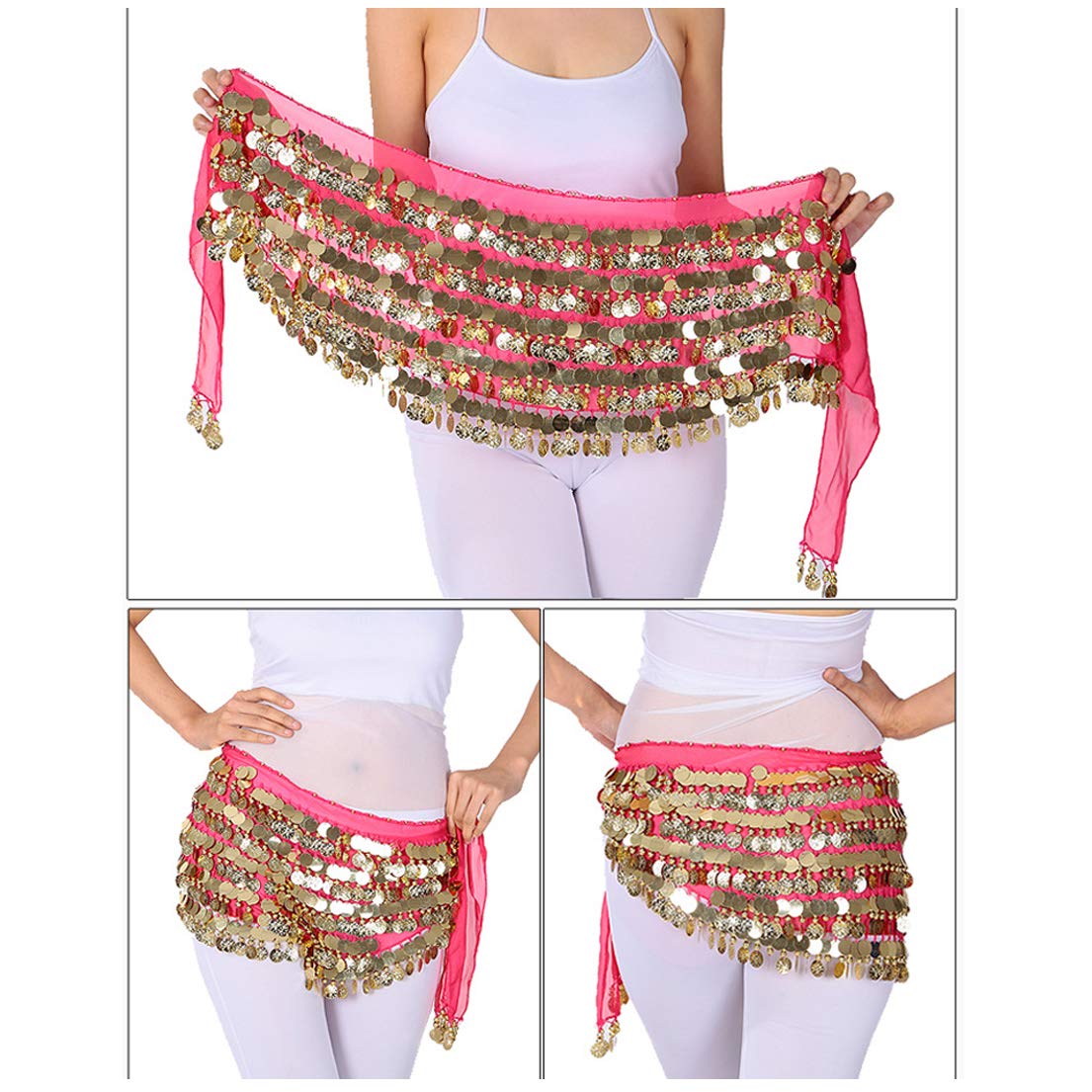 Wuchieal Belly Dance Hip Scarf Chiffon Belly Dance Scarf Wrap Belt Tribal Sash Skirt with Gold Coins