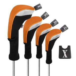 andux 4pcs/set golf 460cc driver wood club head covers long neck with interchangeable no. tags black/orange