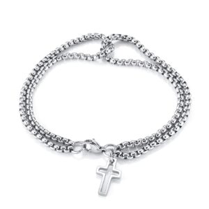 bopreina double strand rolo chain bracelet with cross charm stainless steel cross dangle pendant cable chain link bracelet for men women