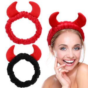 beaupretty 2 pack spa headband for women, devil horns facial headband face wash headband makeup cosmetic shower soft hair band (black, red)