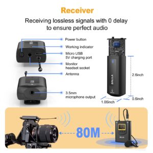 BALILA Wireless Lavalier Microphone System UHF Dual Lavalier Mic Lapel Microphone for iPhone/Android, DSLR Camera Microphone Real-time Audio Monitor Recording Vlog (2T1R)