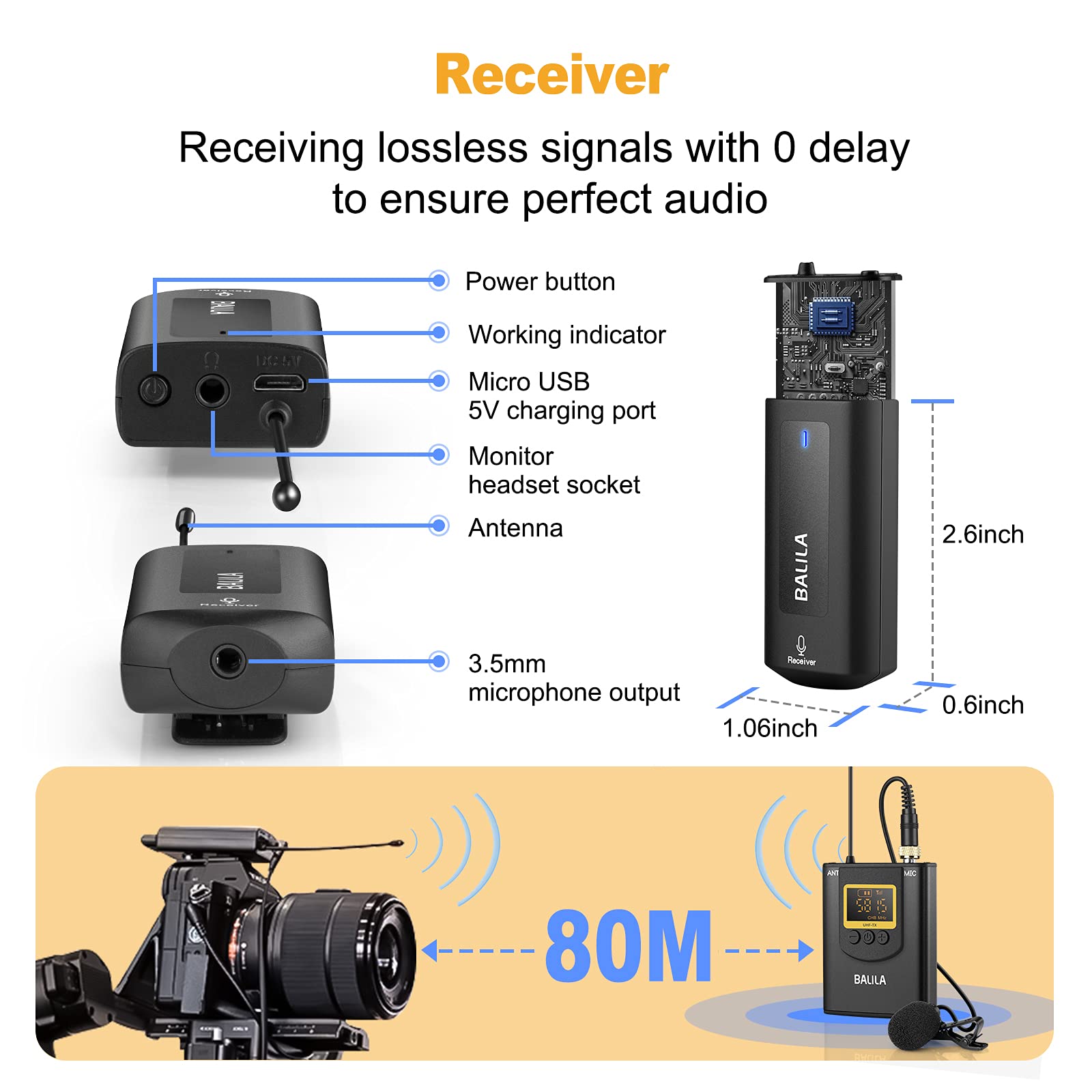 BALILA Wireless Lavalier Microphone System UHF Dual Lavalier Mic Lapel Microphone for iPhone/Android, DSLR Camera Microphone Real-time Audio Monitor Recording Vlog (2T1R)