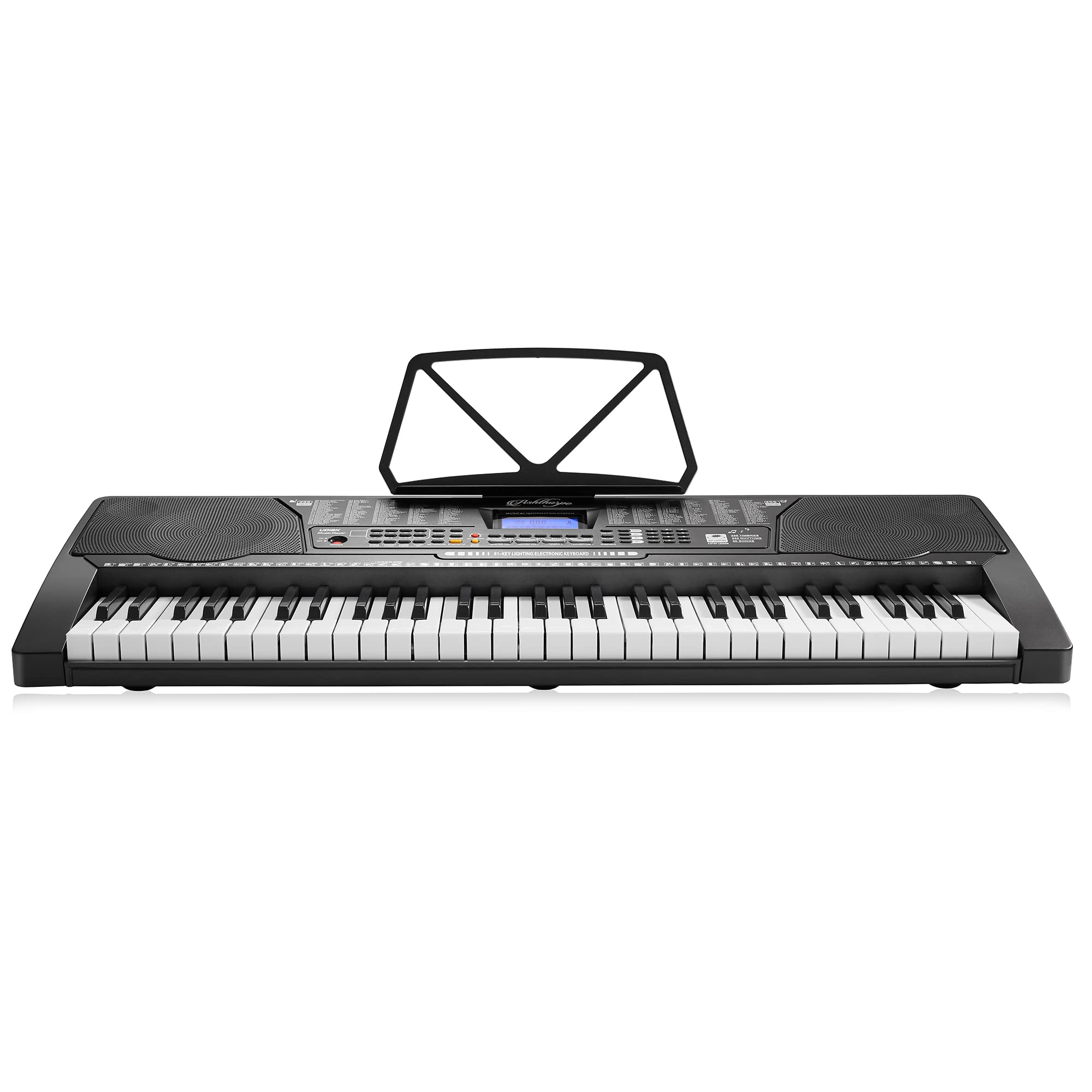 Ashthorpe 61-Key Digital Electronic Keyboard Piano with Light Up Keys, Beginner Kit Includes Stand, Stool, Headphones, Mic and Keynote Stickers