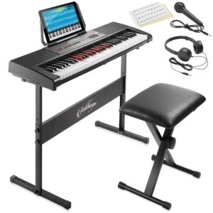 ashthorpe 61-key digital electronic keyboard piano with light up keys, includes stand, bench, headphones, mic and keynote stickers