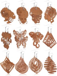 12 pairs african wooden earrings for women bohemian wood earrings bulk ethnic dangle drop earrings boho african earrings(stylish style)