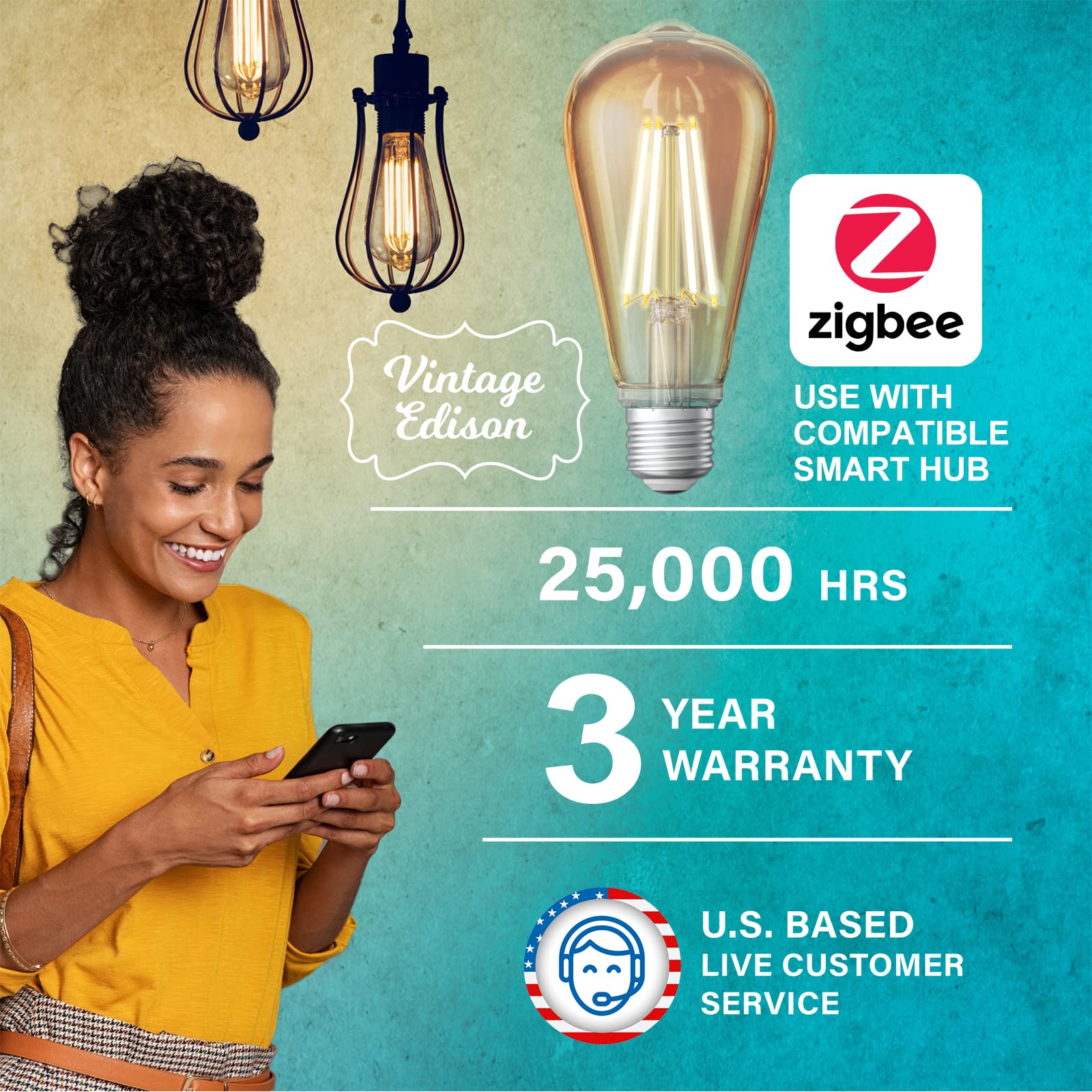 Sengled Zigbee Smart Edison Bulbs, Smart Hub Required, Work with SmartThings and Echo with Built-in Hub, Voice Control with Alexa and Google Home, Amber Warm 2000K LED E26 Edison Bulb, 60W Eqv. 6 Pack