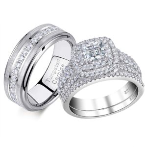 newshe wedding rings set for him and her women mens tungsten bands princess cz 2.3ct sterling silver 8&10