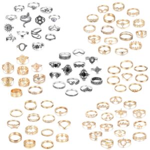 joerica 92pcs knuckle rings set for women vintage boho aesthetic rings pack stackable midi joint finger rings gold and silver tone rings for women set