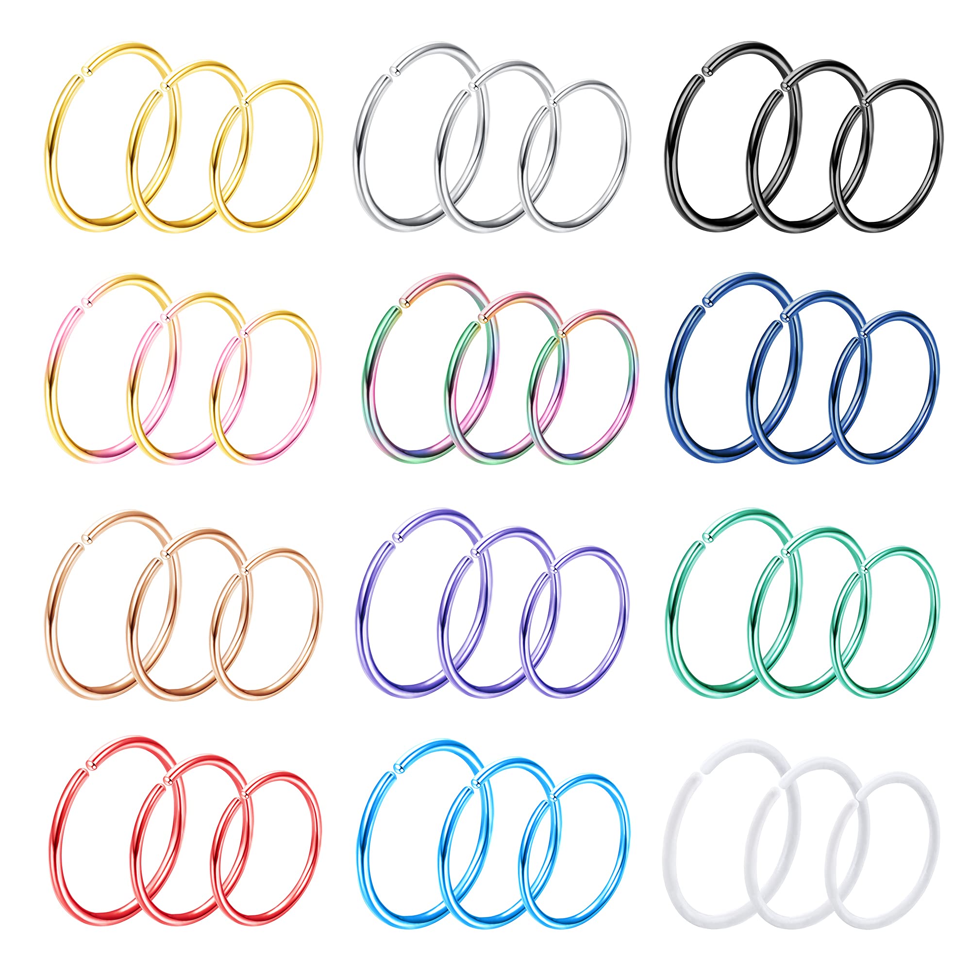 JOERICA 36PCS 20G Stainless Steel Nose Ring Hoop for Women Men Nose Piercing Jewelry Septum Ring Lip Cartilage Helix Hoop Piercing 6MM 8MM 10MM